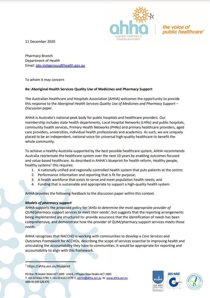 AHHA Response to consultation on Aboriginal Health Services QUM and ...