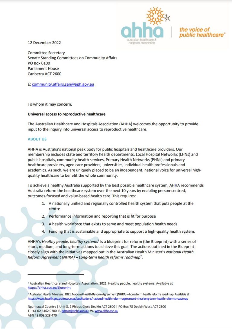 AHHA response to the Senate Inquiry into universal access to ...