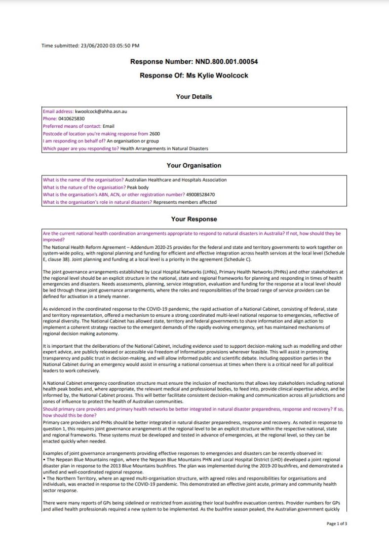 AHHA response - Health arrangements issues paper - Royal Commission ...
