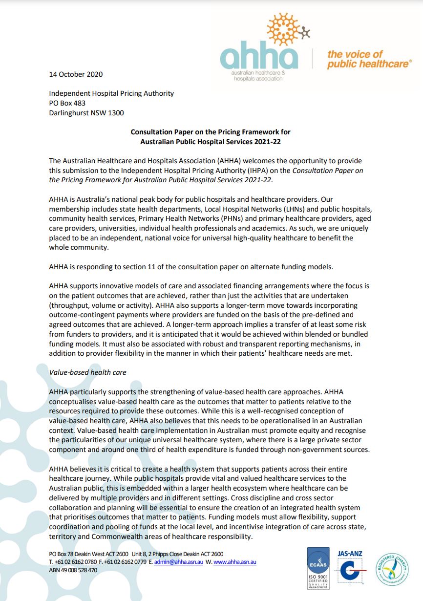 AHHA Submission to the IHPA Consultation Paper on the Pricing Framework ...