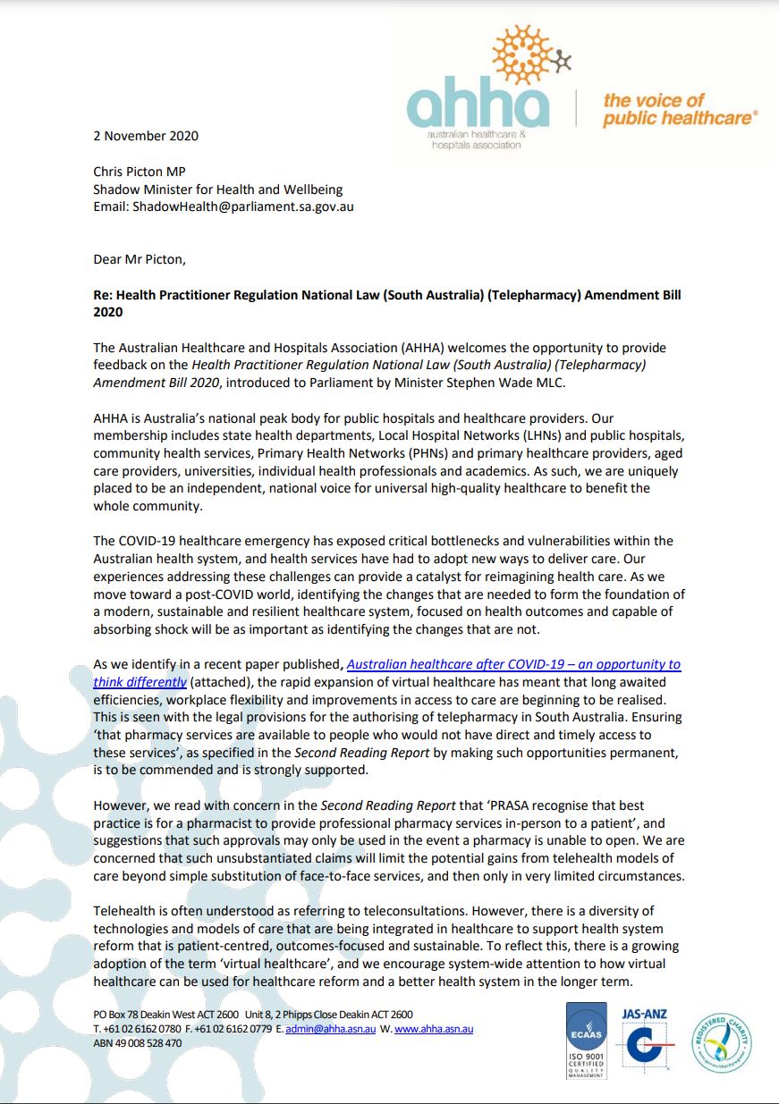 AHHA response - SA telepharmacy amendment bill 2020 - AHHA